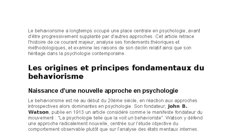 Le behaviorisme - 1ère année en cycle psychologie - Le behaviorisme a ...
