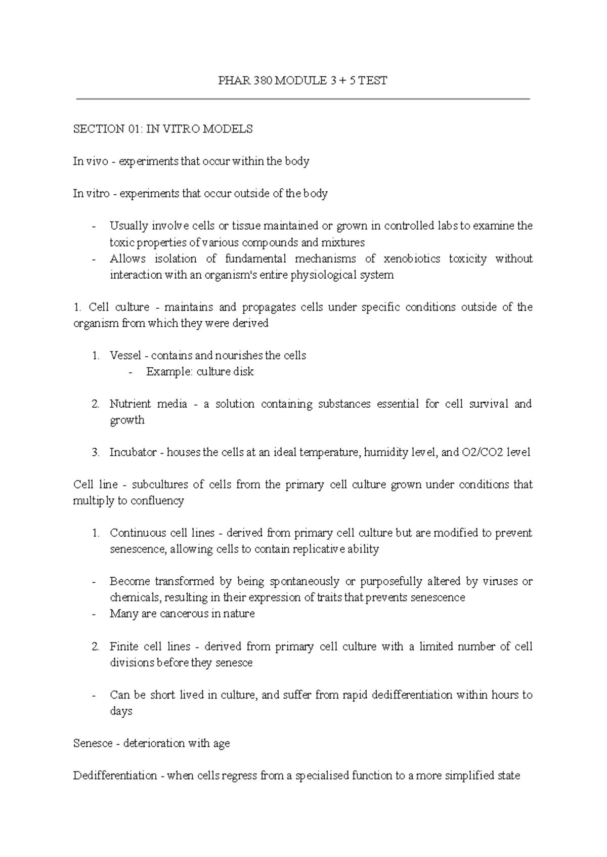PHAR 380 Module 3 & 5 Test: In Vitro and In Vivo Models of Toxicity ...