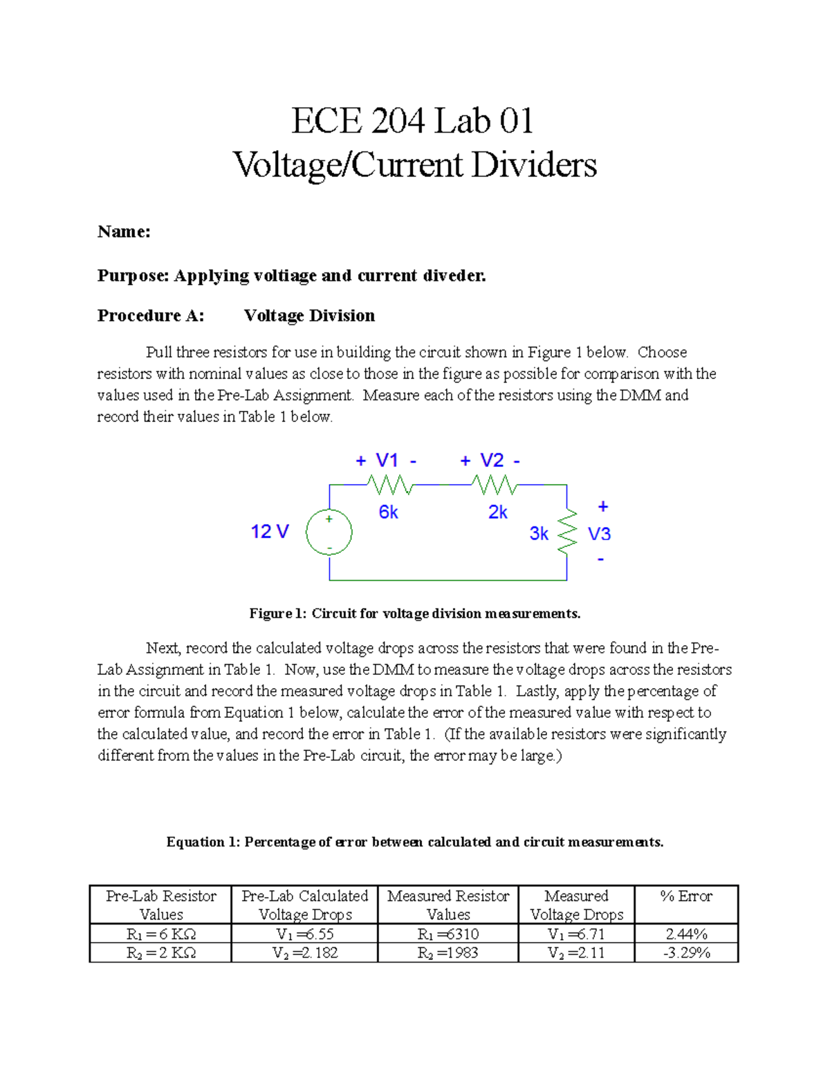 ECE204 Lab01 Data Sheet - ECE 204 Lab 01 Voltage/Current Dividers Name ...