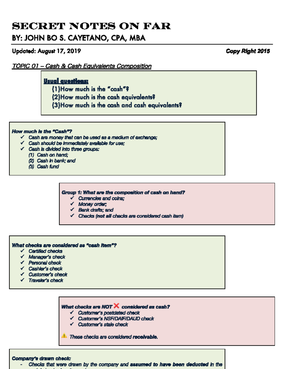 FAR JB Cayetano Secret Notes on Cash, Petty Cash & Receivables - Studocu