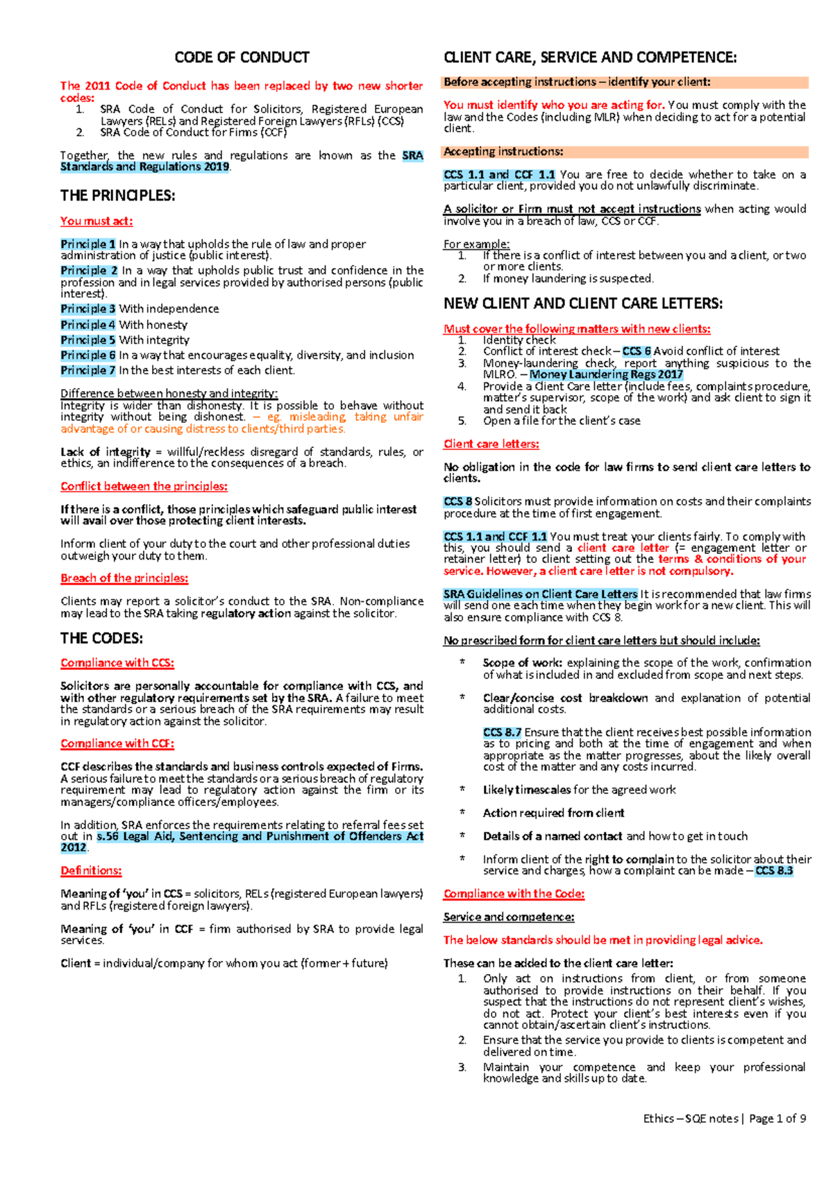 Ethics and Professional Conduct: SRA Codes of Conduct Overview (BN ...