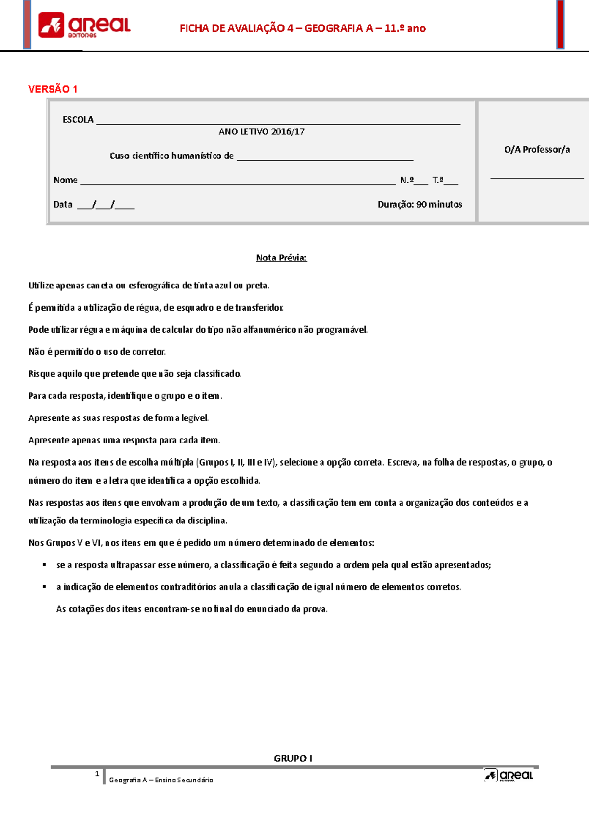 teste avaliação - geo 11ºano - VERSÃO 1 ESCOLA - Studocu