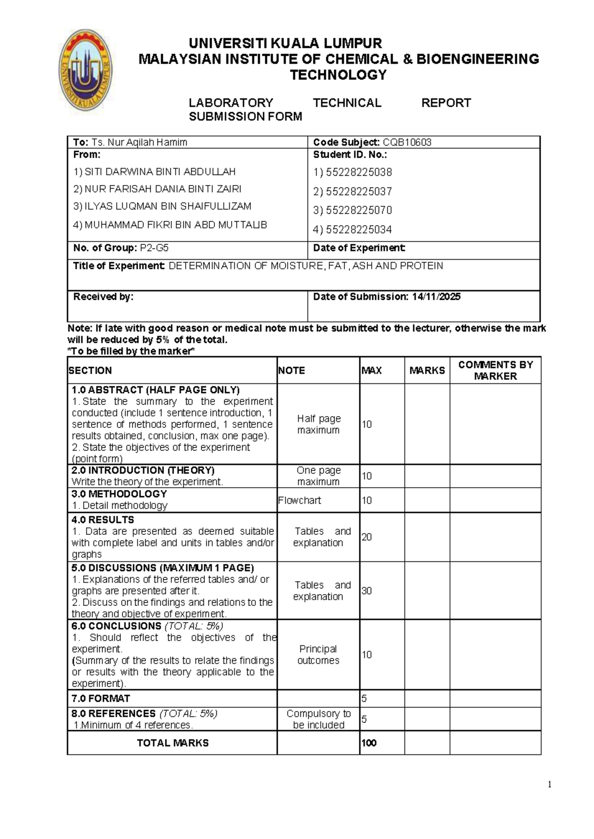 CQB10603 Final Lab Report: Proximate Analysis of Biscuit Samples - Studocu
