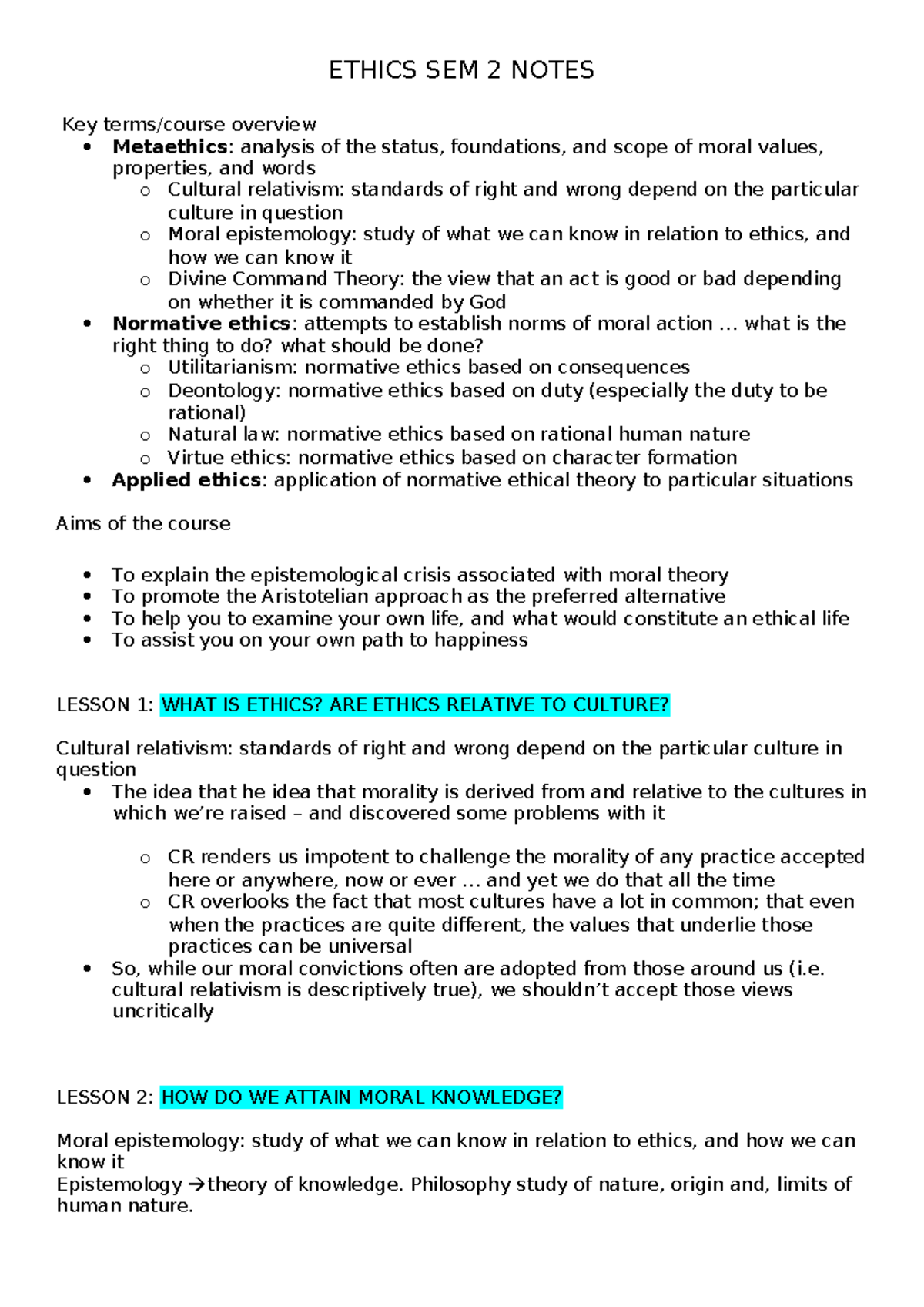 Ethics SEM 2 Notes: Key Concepts in Metaethics and Moral Theories - Studocu