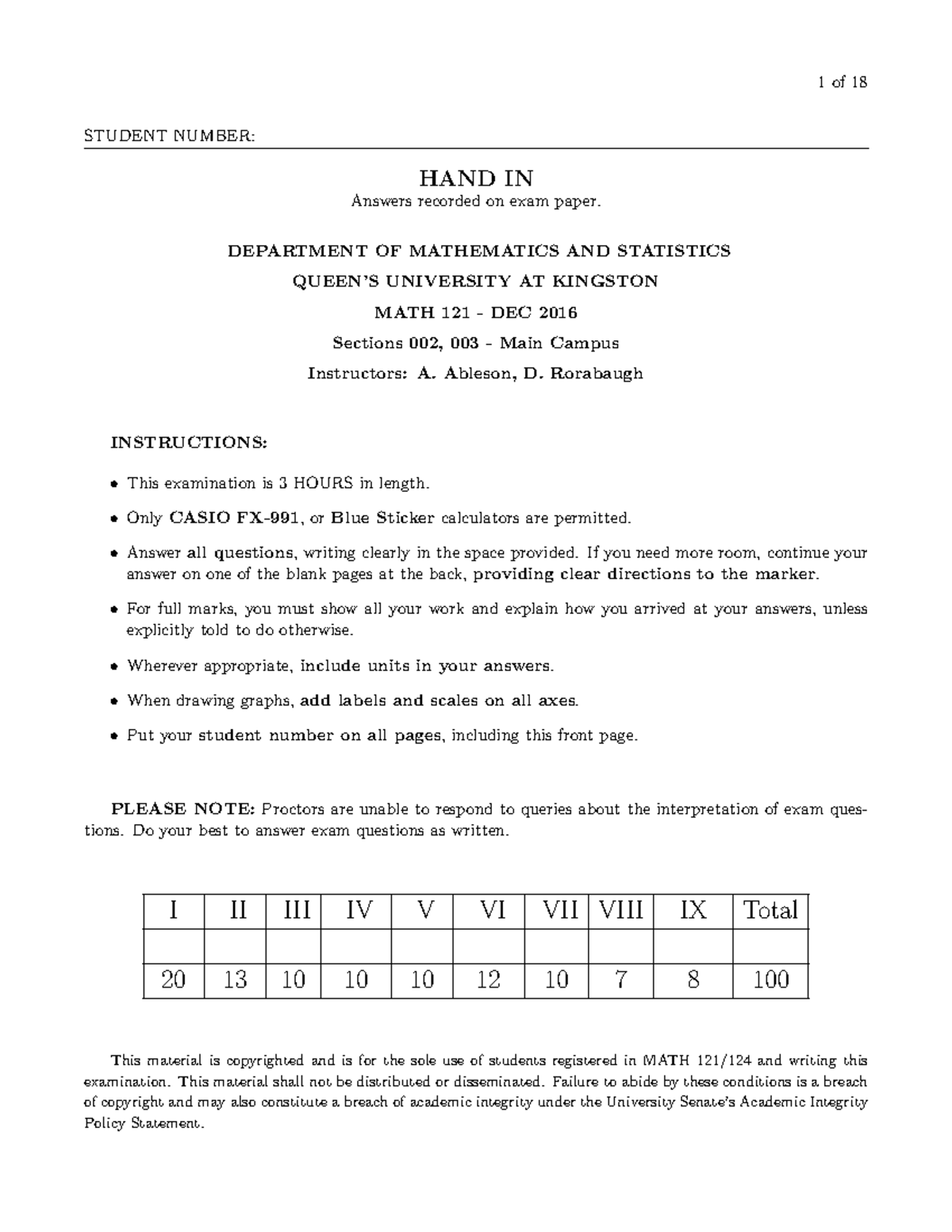Fall2016 - exam - STUDENT NUMBER: HAND IN Answers recorded on exam ...