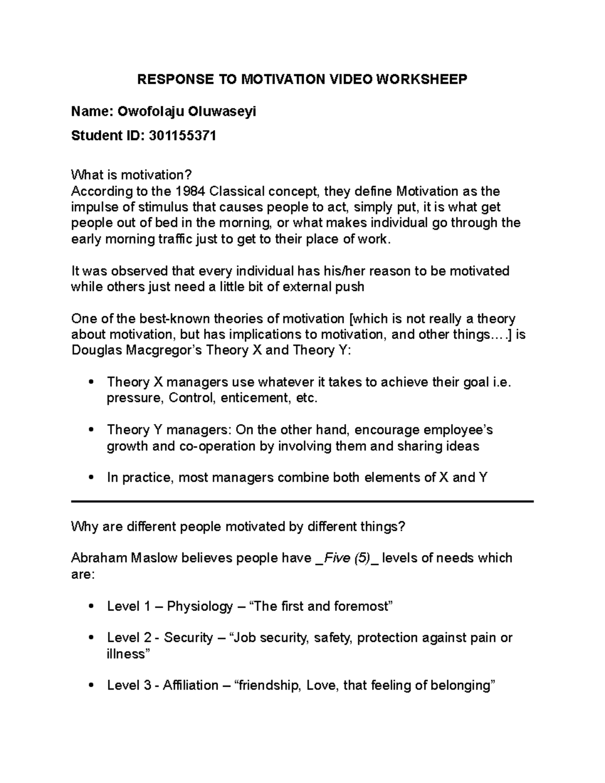 Response to Motivation Video Worksheet - Motivation Theories Summary ...