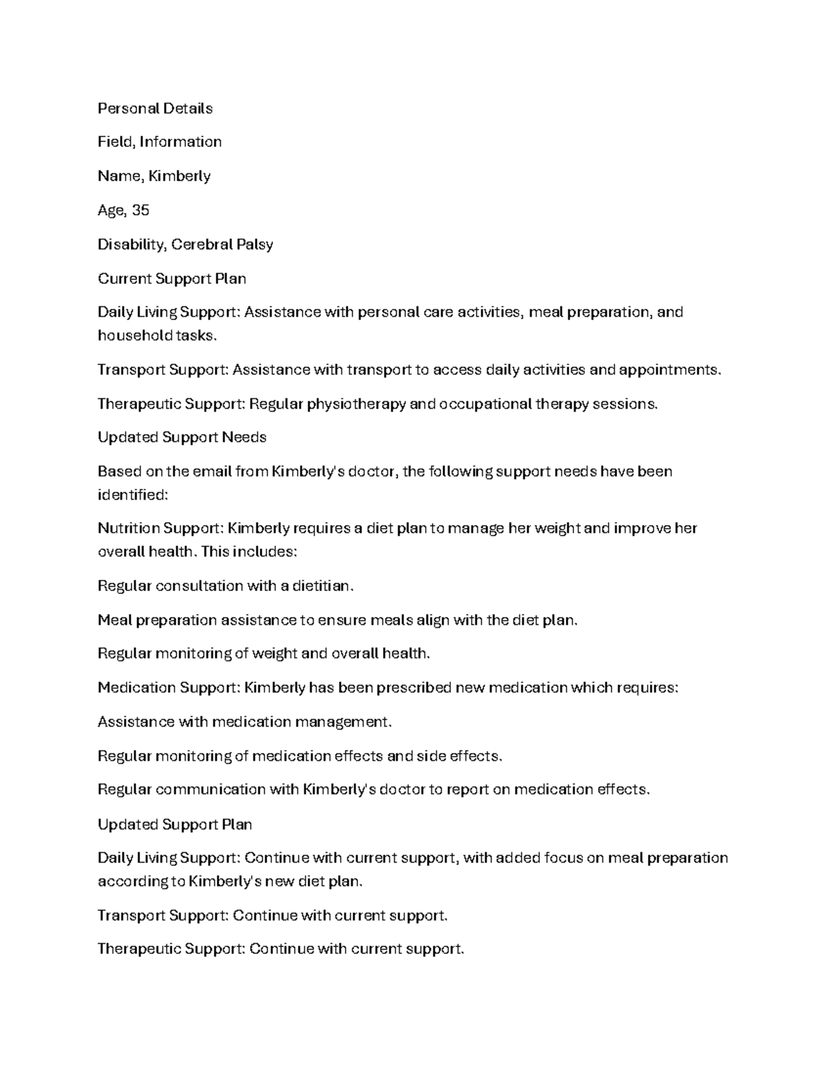 Document 17 - Updates on Kimberly's Health Needs & Support Plan - Studocu