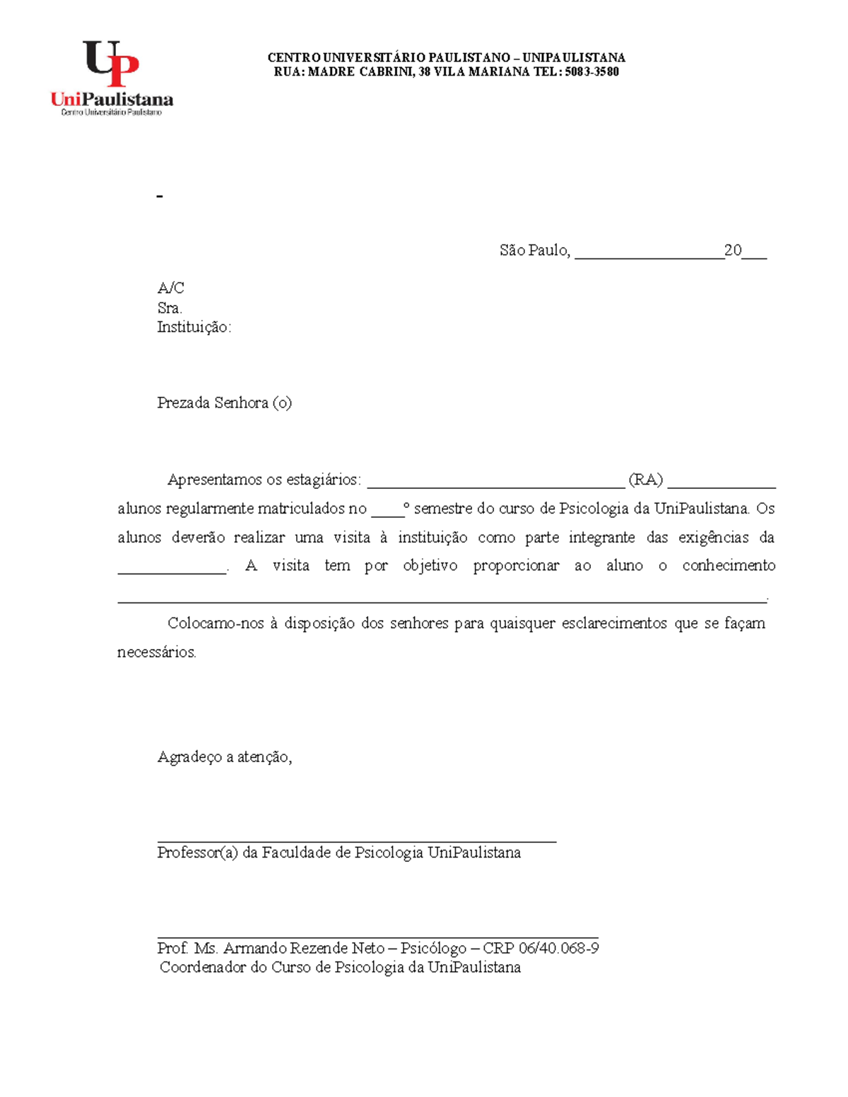 Modelo - Carta de Apresentação para visita a instituição - Coordenador ...