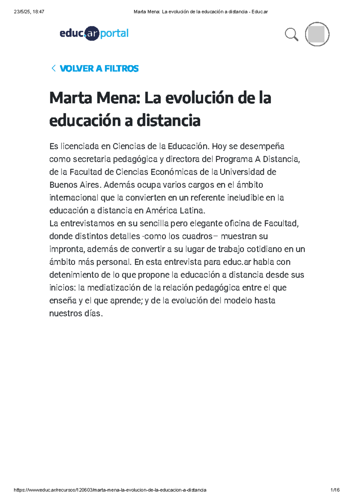 18:47 Marta Mena: Evolución de la Educación a Distancia - Educ.ar - Studocu