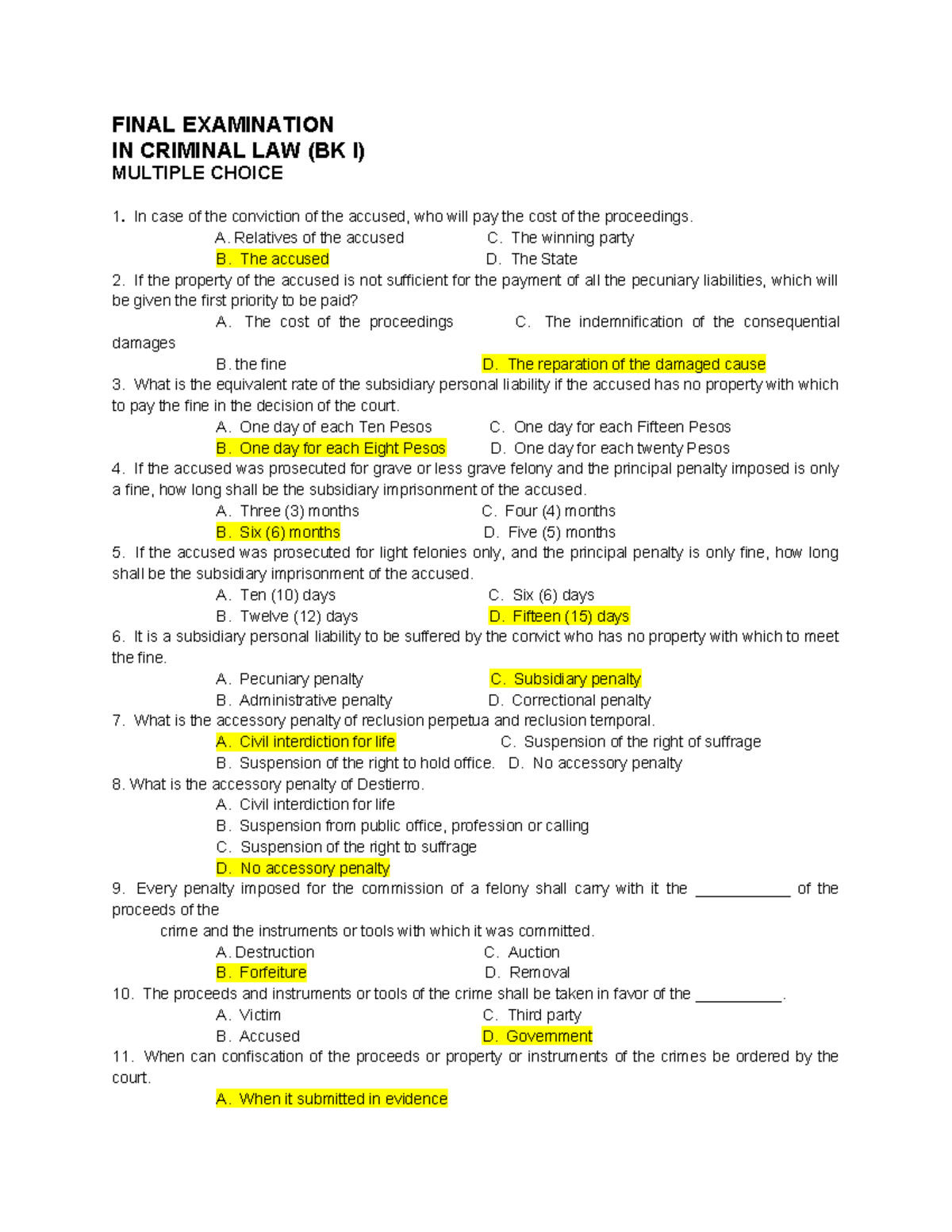 CLAW 1 FINAL EXAM Q&A - Mock Board Questions in Criminal Law - Studocu