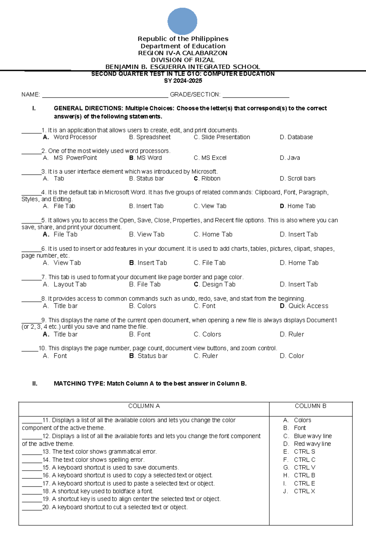 2nd PT G10 Computer SY 2024 2025 - Republic of the Philippines ...