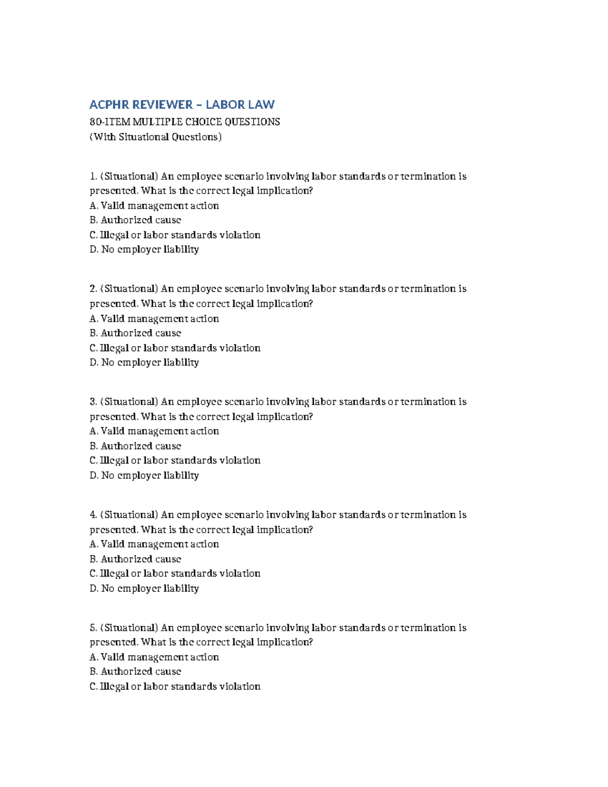ACPHR LABOR LAW REVIEWER: 80 Situational MCQs - Studocu