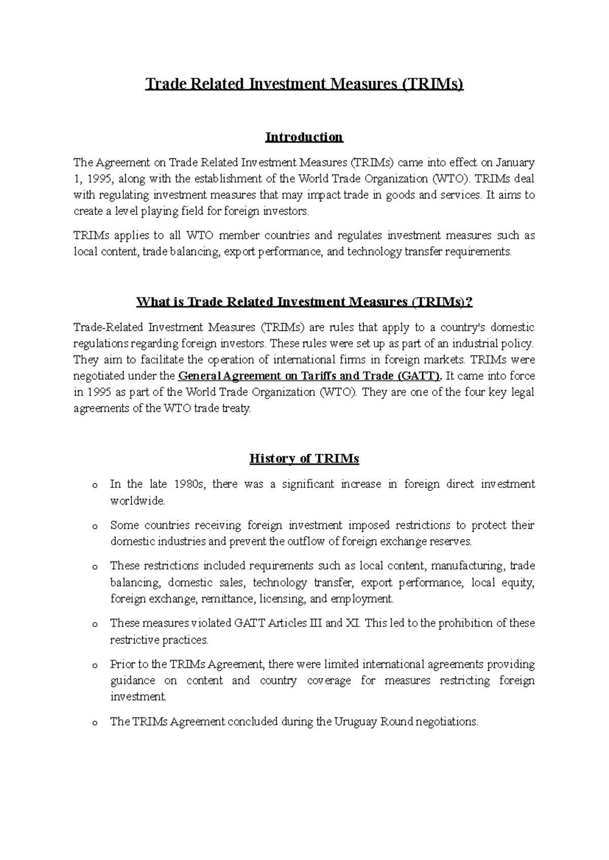 WTO TRIMs Agreement Overview: Impacts & Key Features Analysis - Studocu