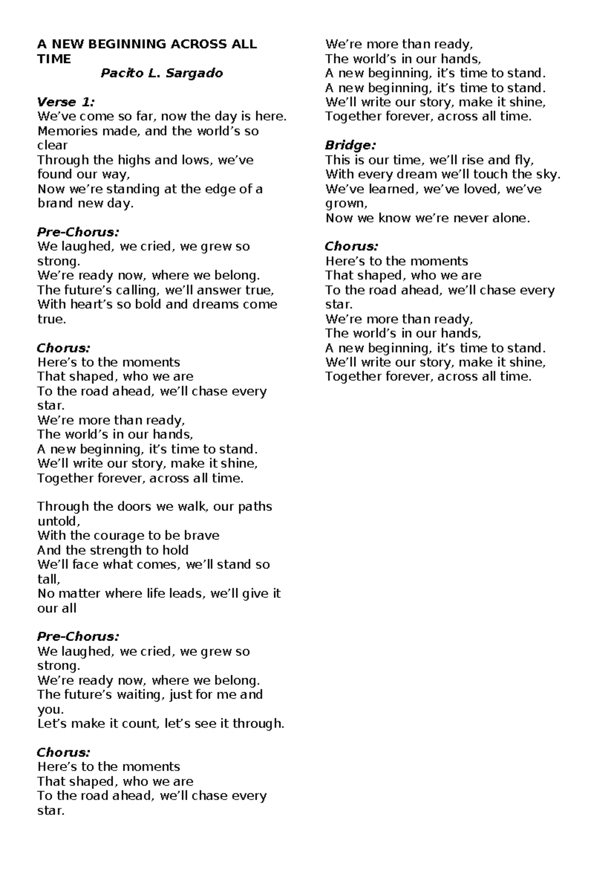A NEW BEGINNING ACROSS ALL TIME - Poem by Pacito L. Sargado - Studocu