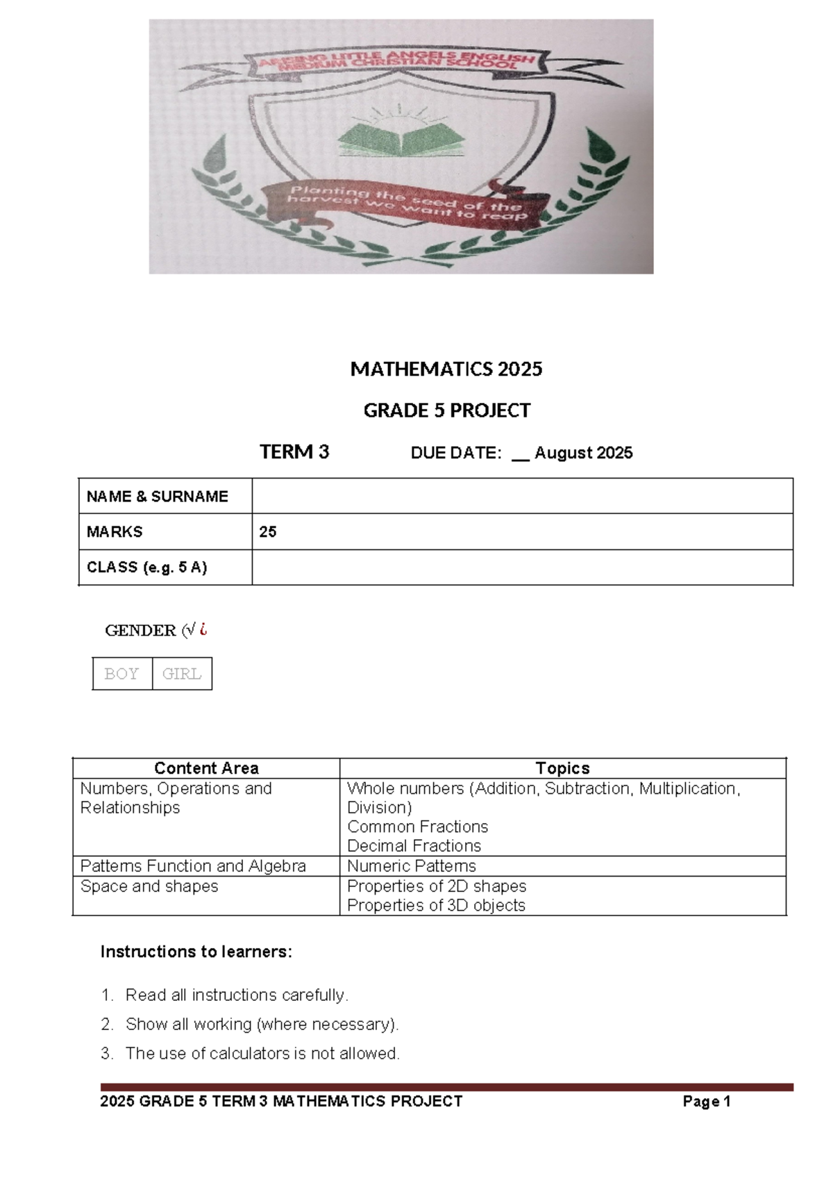MATHEMATICS 2025 GRADE 5 TERM 3 PROJECT ASSIGNMENT - Studocu