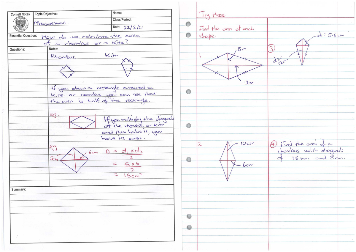 Area of Kite and Rhombus Notes (Math 101) - Studocu