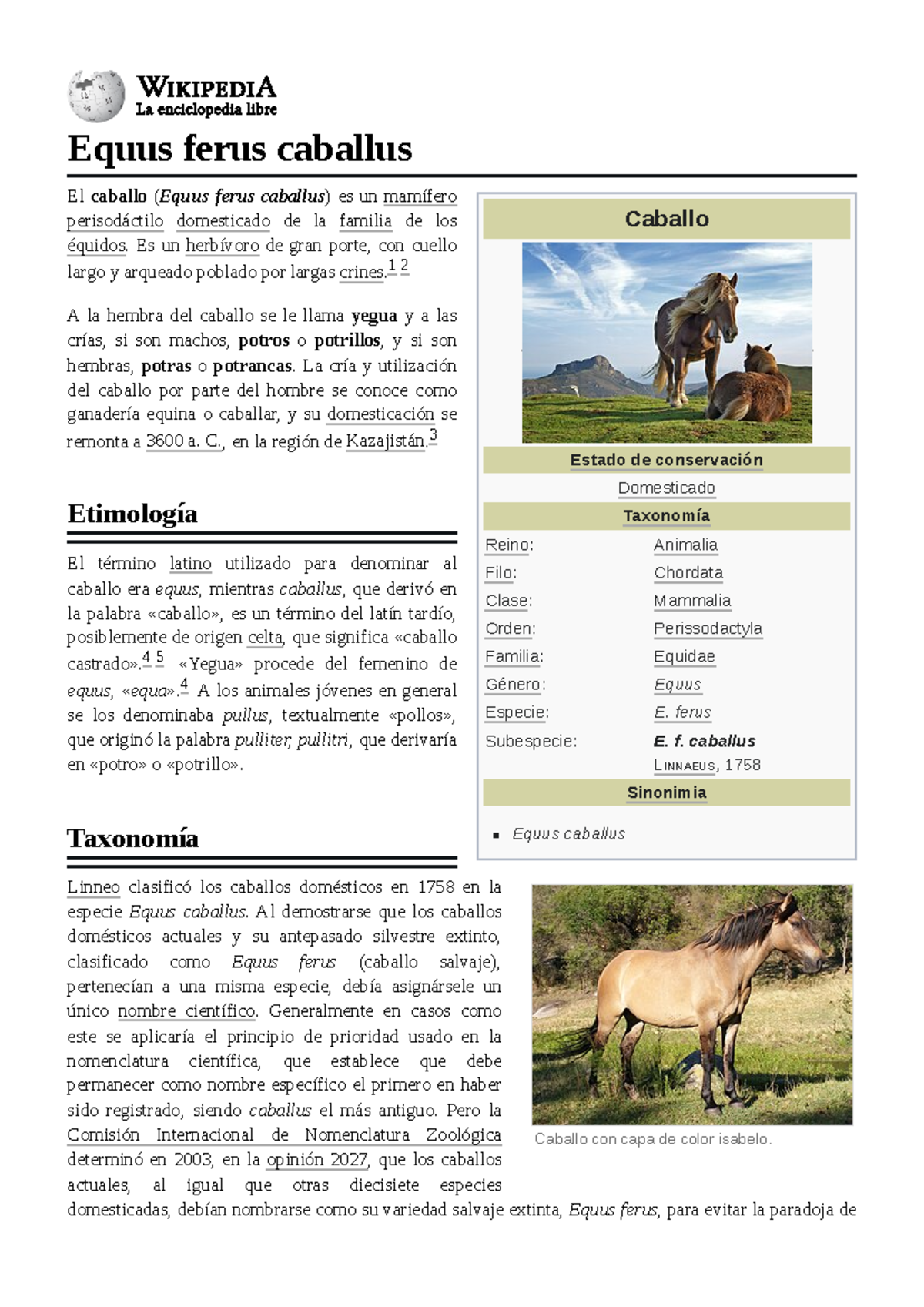 Estudio de Equus ferus caballus: Taxonomía y Conservación - Studocu
