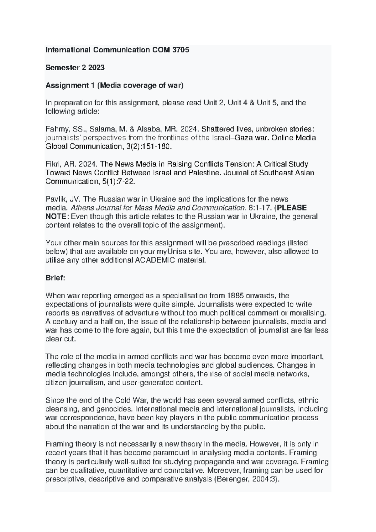 COM3705 Semester 2 Final Exam Assignment 1: Media Coverage of War - Studocu