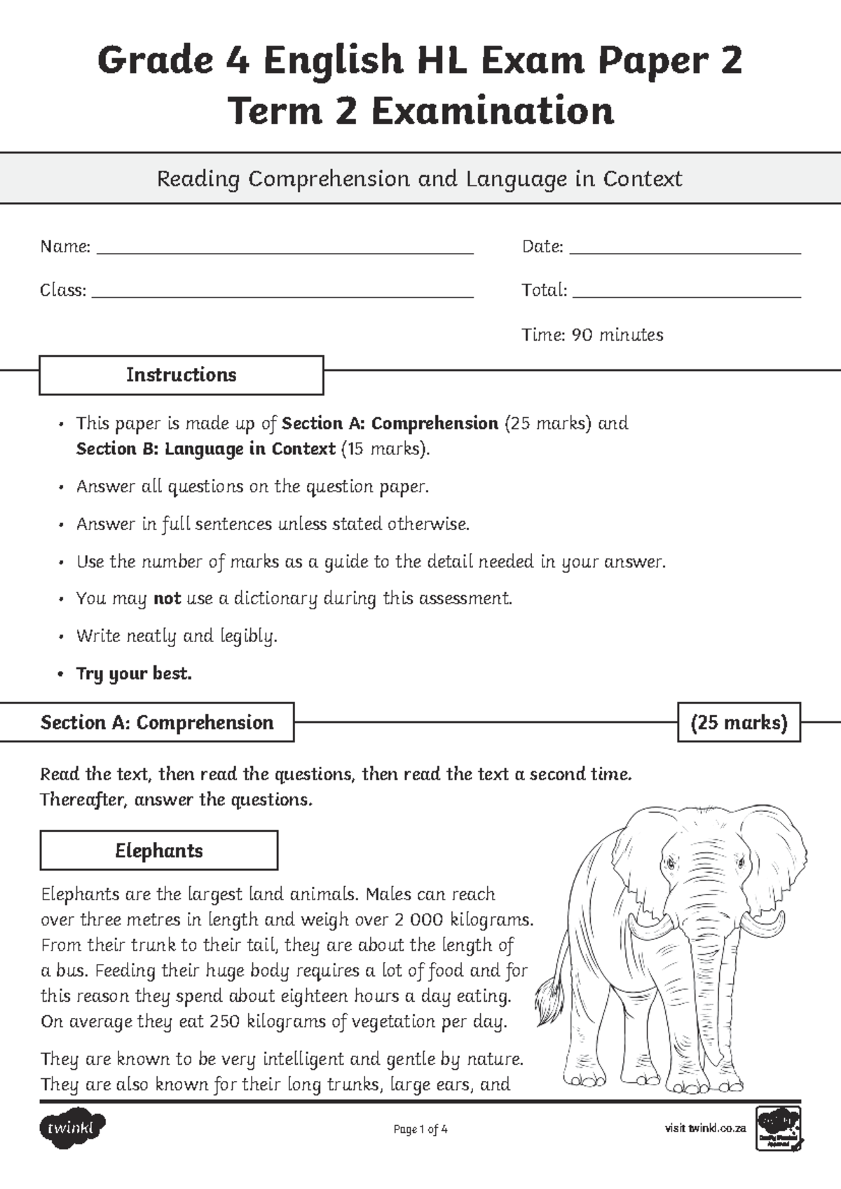 Grade 4 English HL Exam Paper 2 - Term 2 Evaluation and Answers - Studocu