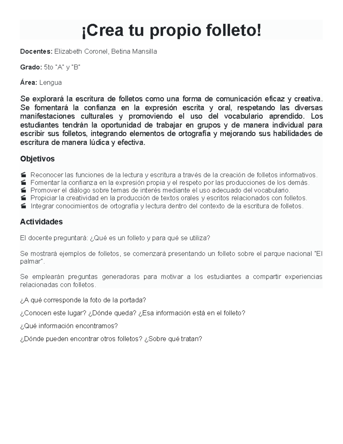 Crea tu propio folleto: Taller de Escritura para 5to Grado - Studocu