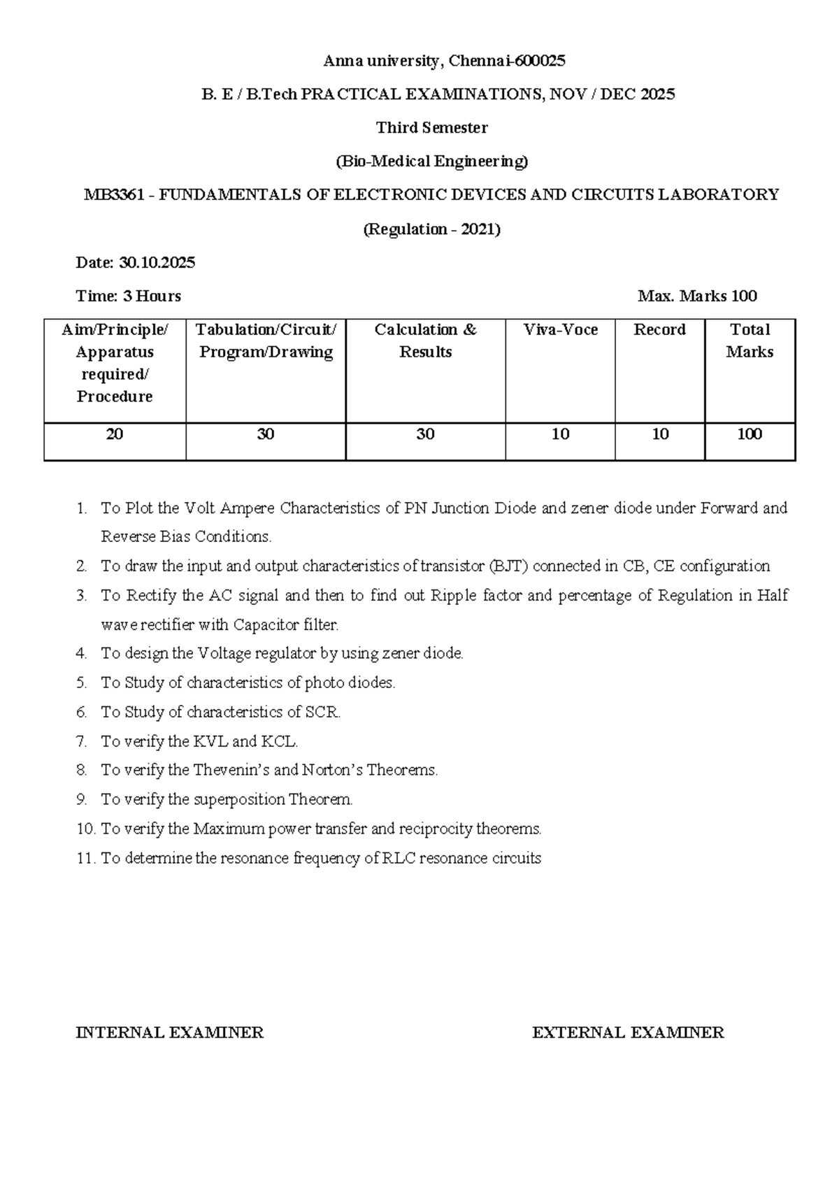 MB3361 - Fundamentals of Electronic Devices & Circuits Lab Exam Guide ...