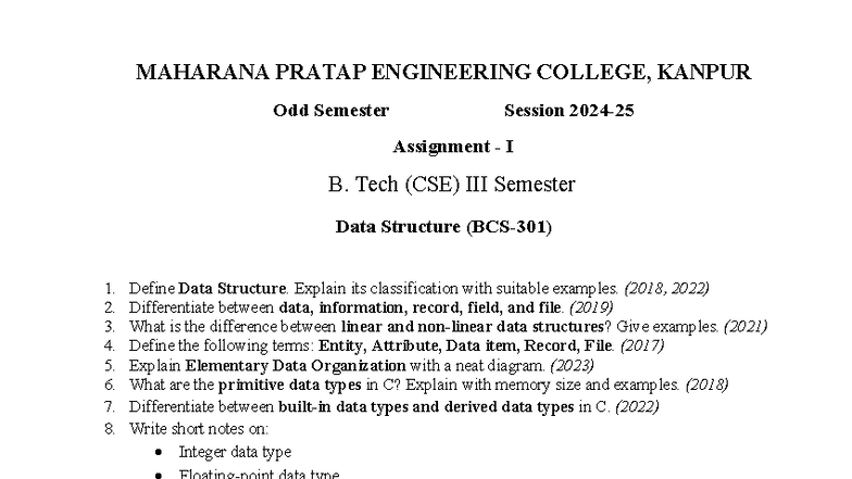 B. Tech (CSE) Odd Sem Assignment I: Data Structures Overview - Studocu