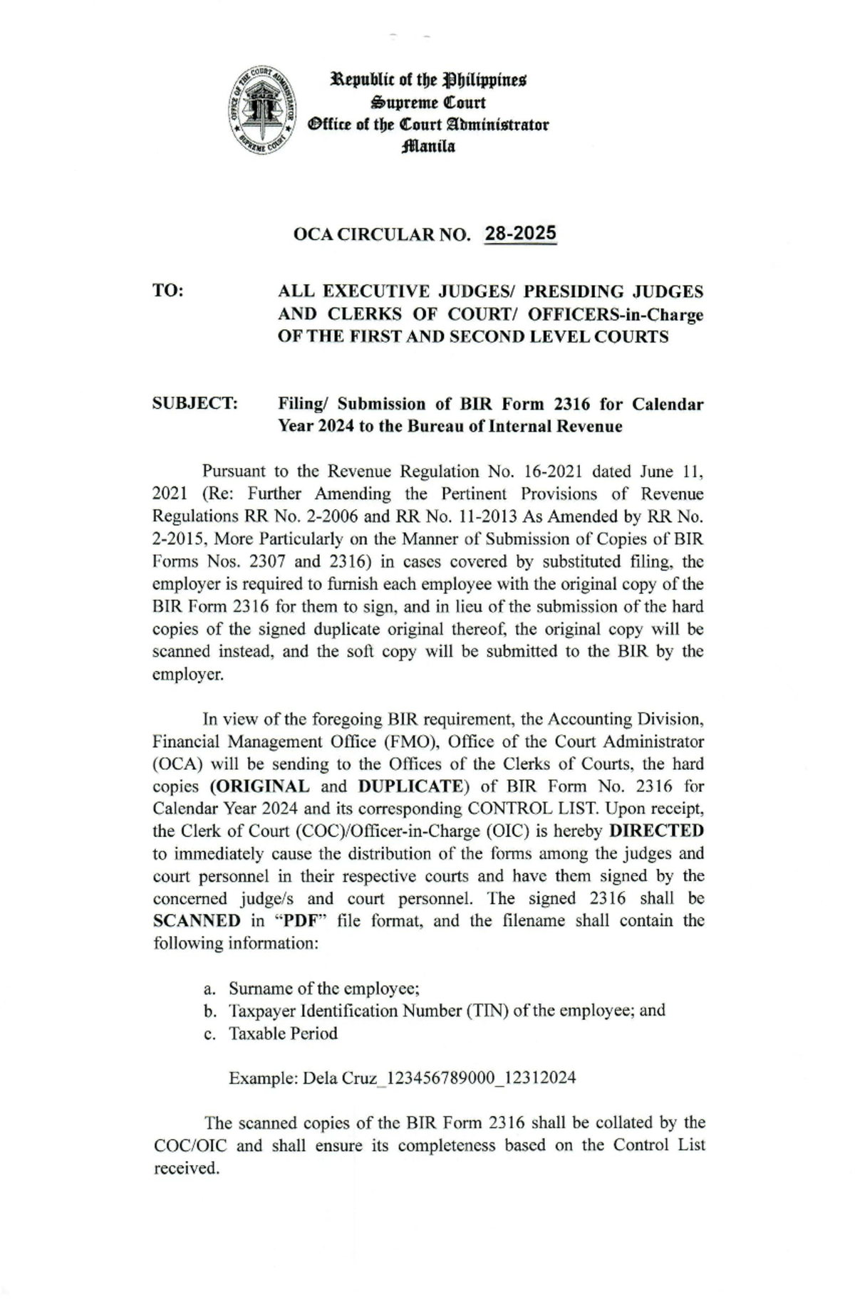 OCA Circular No. 28-2025: Filing BIR Form 2316 for CY 2024 - Studocu