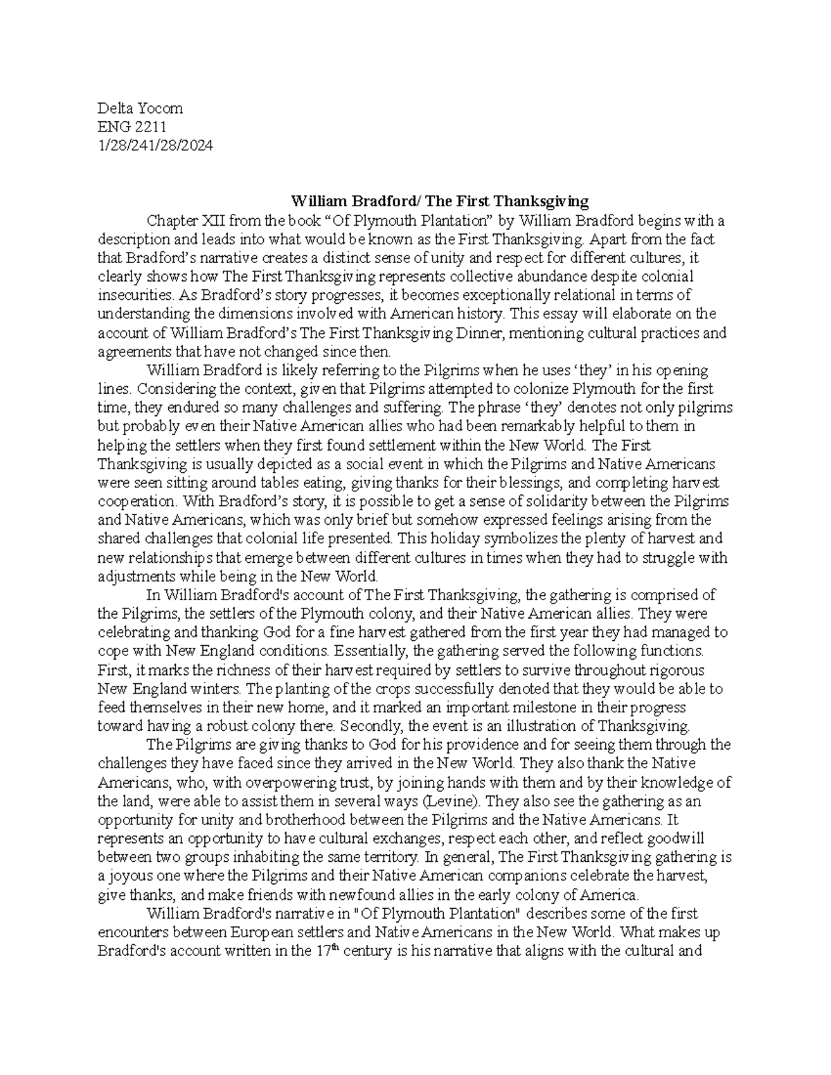 ENG 2211 Essay Notes: William Bradford's Account of The First ...