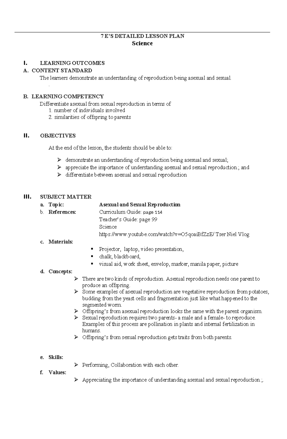 7 E's Detailed Lesson Plan: Asexual vs. Sexual Reproduction - Studocu