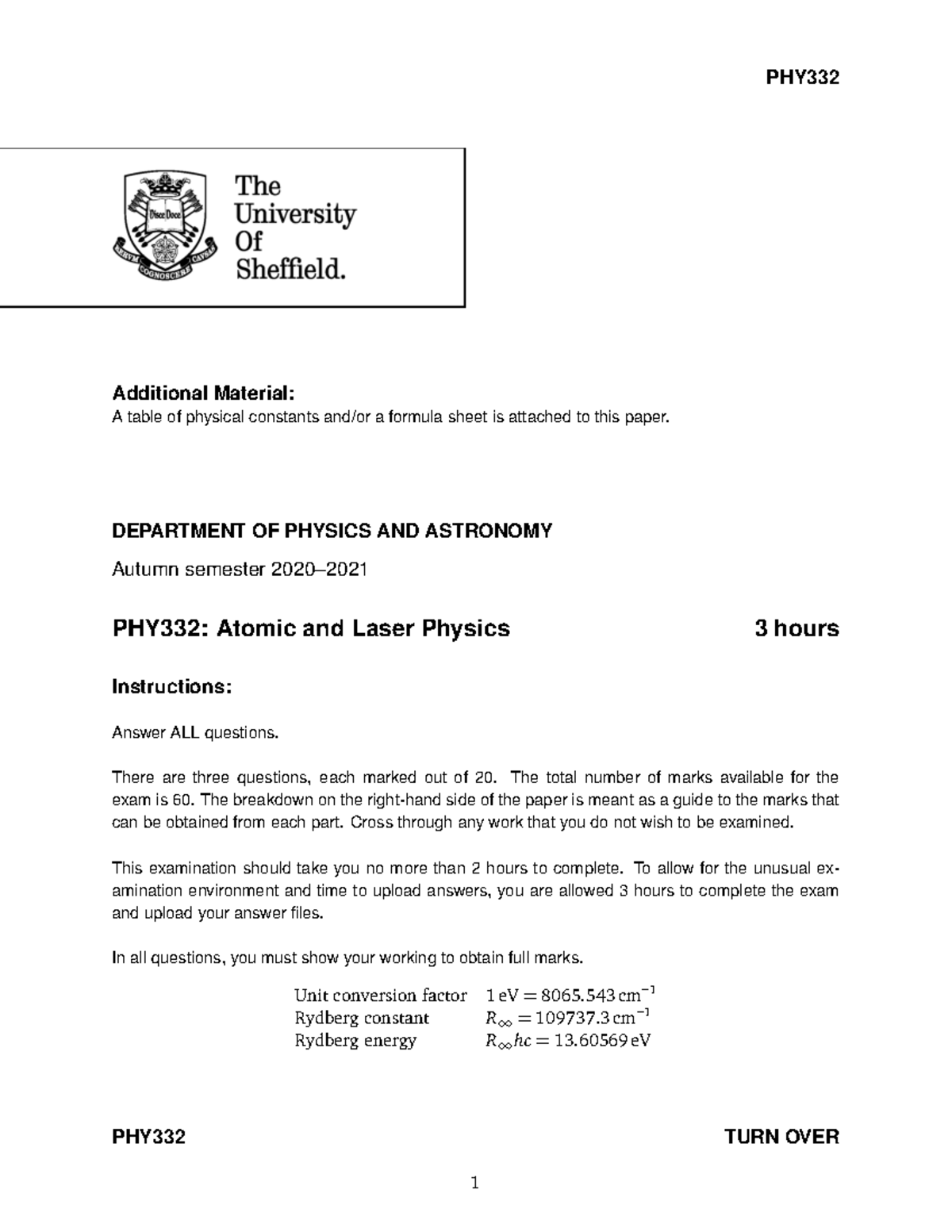 PHY332 20-21 - Past Paper for Atomic and Laser Physics Exam - Studocu