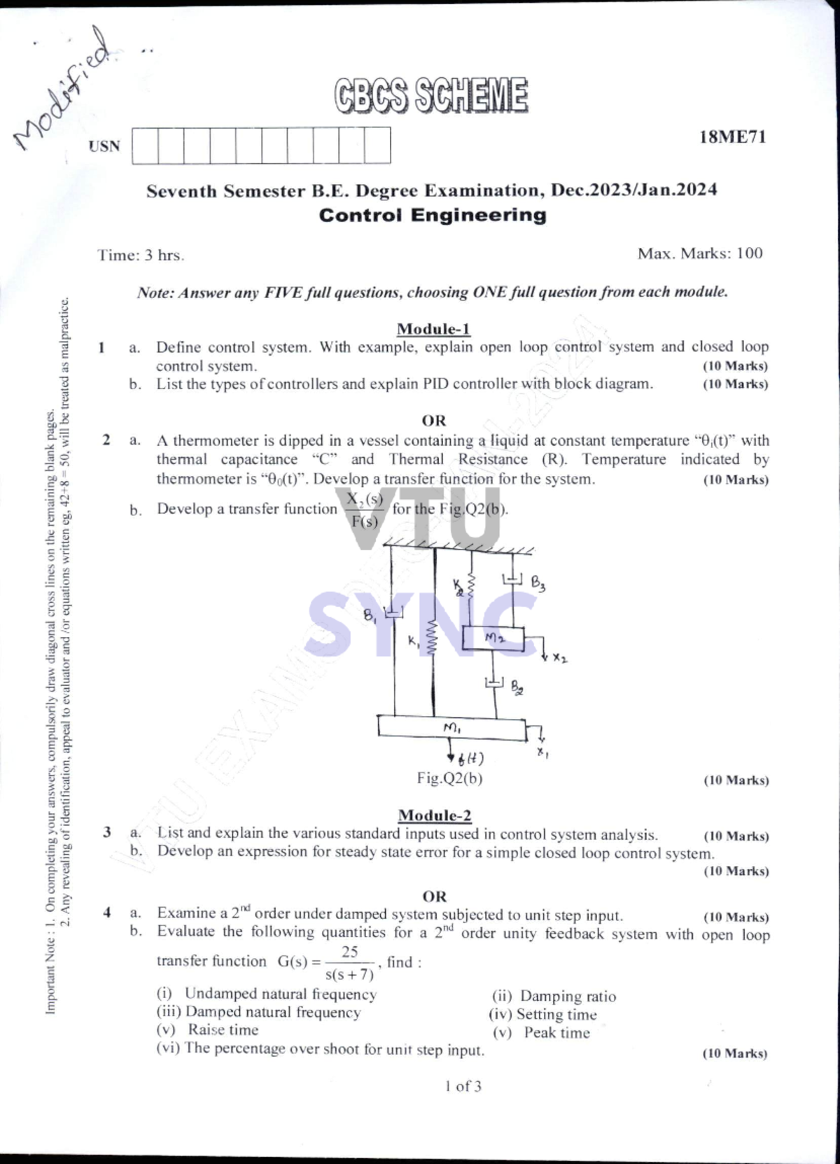Control Engineering Scheme for 18ME71 Seventh Semester Exam - Studocu