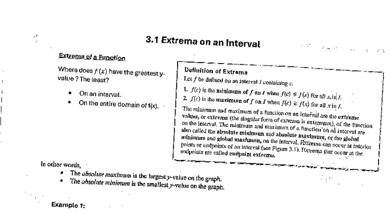 3.1 Extrema on an Interval: Definitions, Examples, and Theorems - Studocu