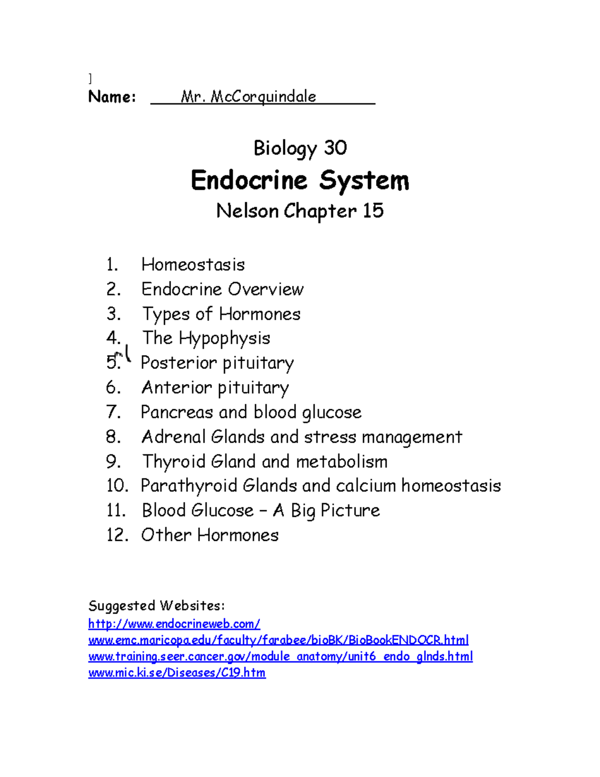 Bio 30 Endocrine System Teacher Notes: Homeostasis & Hormones Overview ...