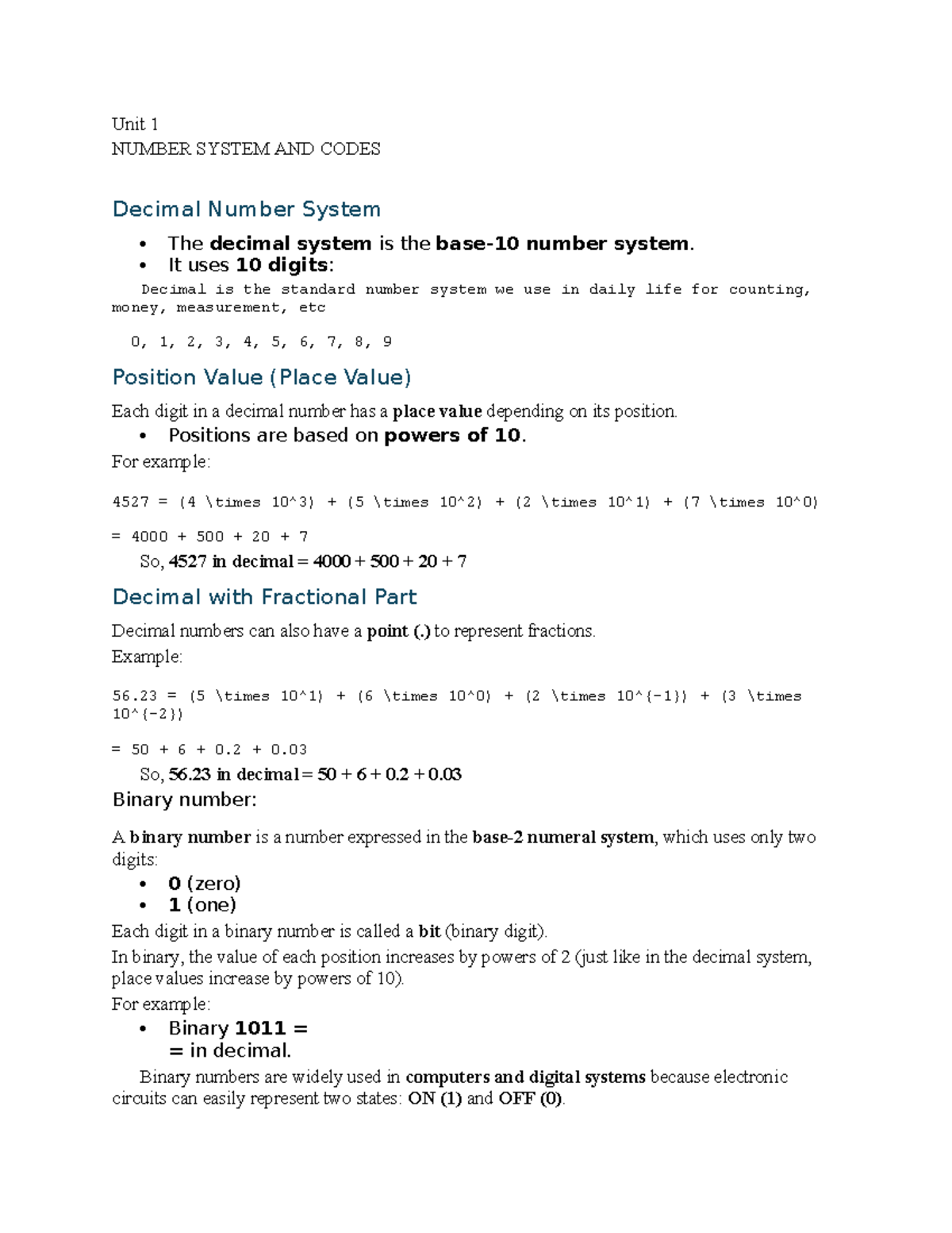 Unit 1: Number Systems & Codes - Decimal, Binary, Hexadecimal, and ...