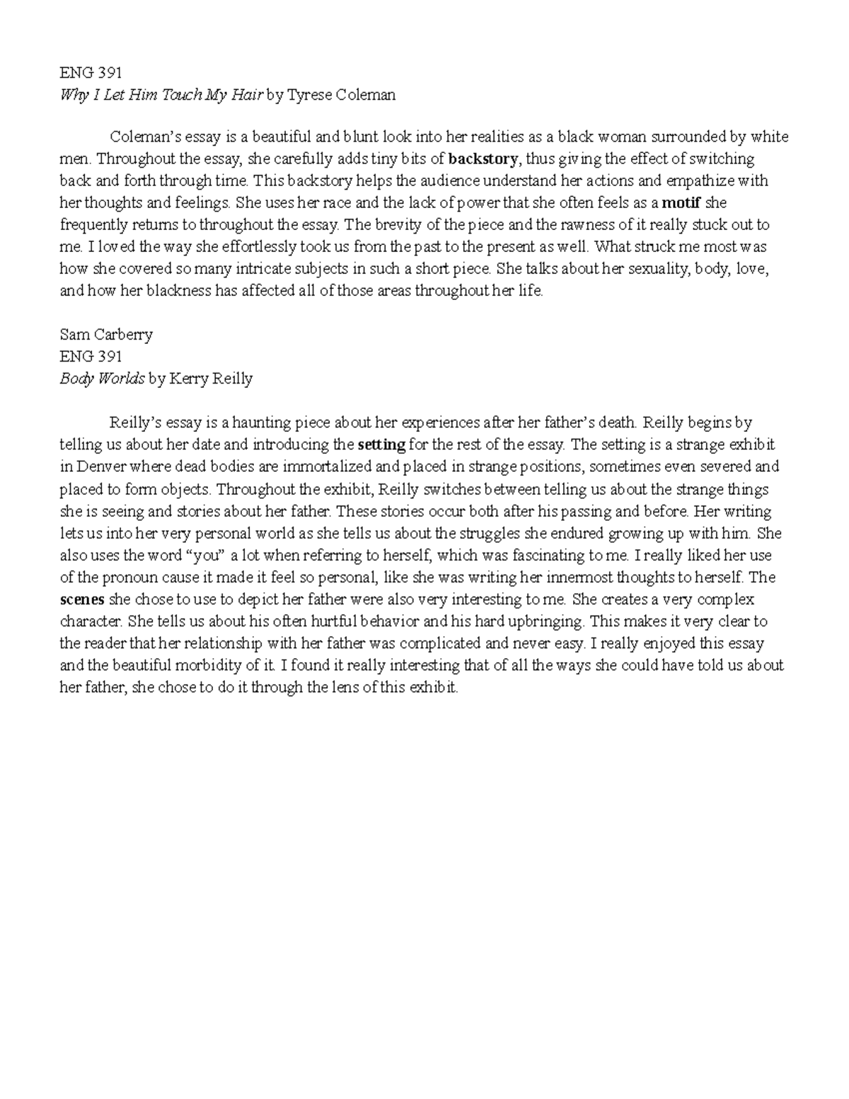 ENG 391 Reading Response: Reflections on Coleman's and Reilly's Essays ...