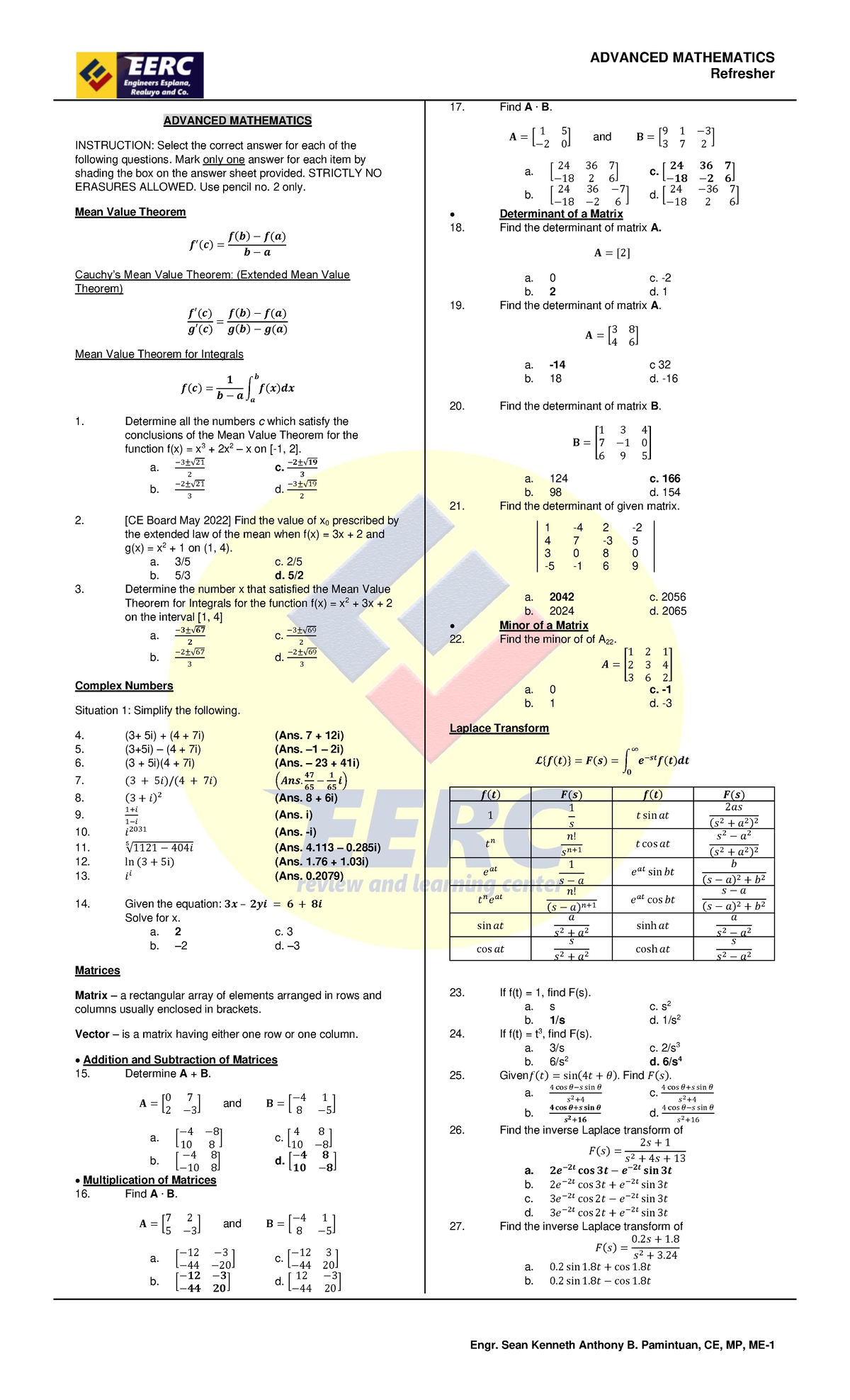 Refresher Handout for Advanced Math (MATH101) Examination - Studocu