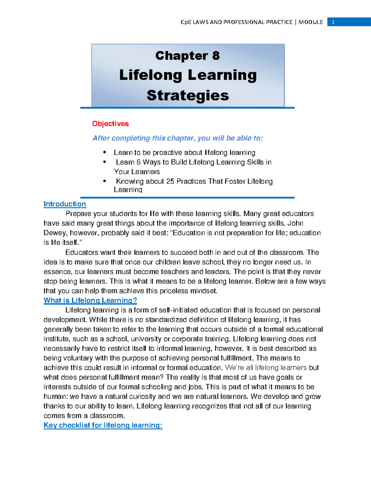 Chapter 8: Strategies for Promoting Lifelong Learning Skills - Studocu