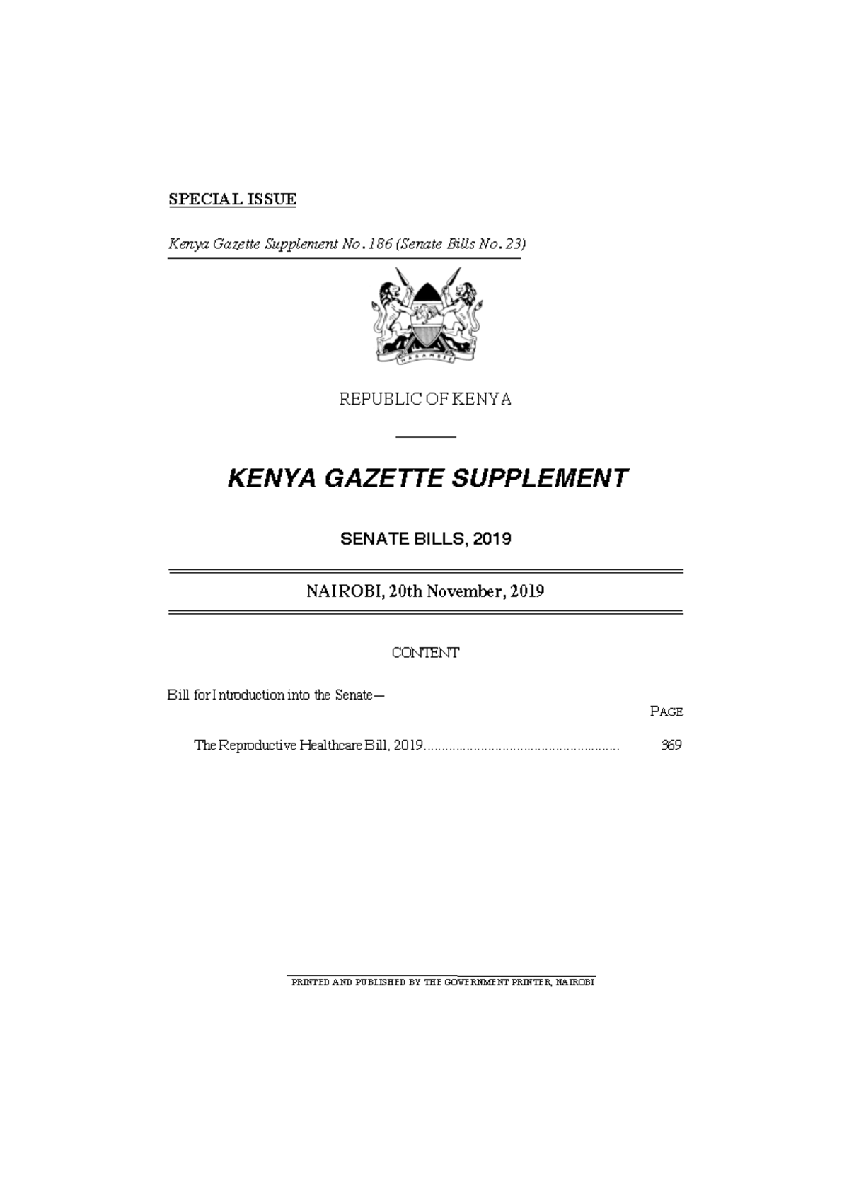 Reproductive Healthcare Bill, 2019 - SPECIAL ISSUE Kenya Gazette ...