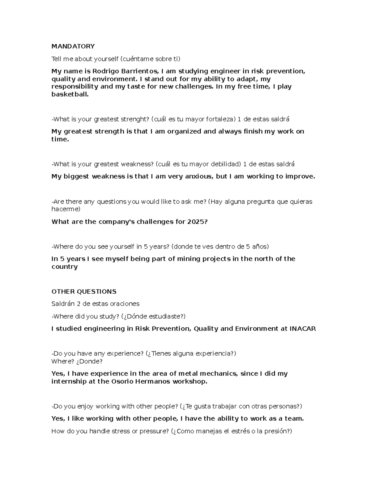 Ingles Ultimo Trabajo: Self-Introduction & Interview Prep (ENG 101 ...