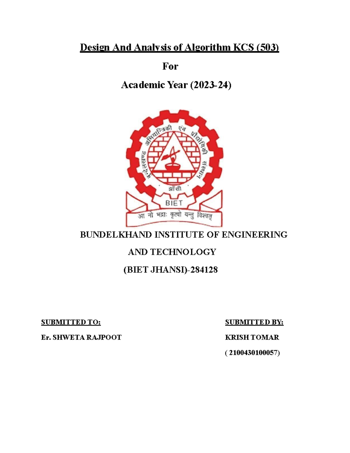DAA Lab Report: Implementation of Sorting Algorithms KCS (503) - Studocu