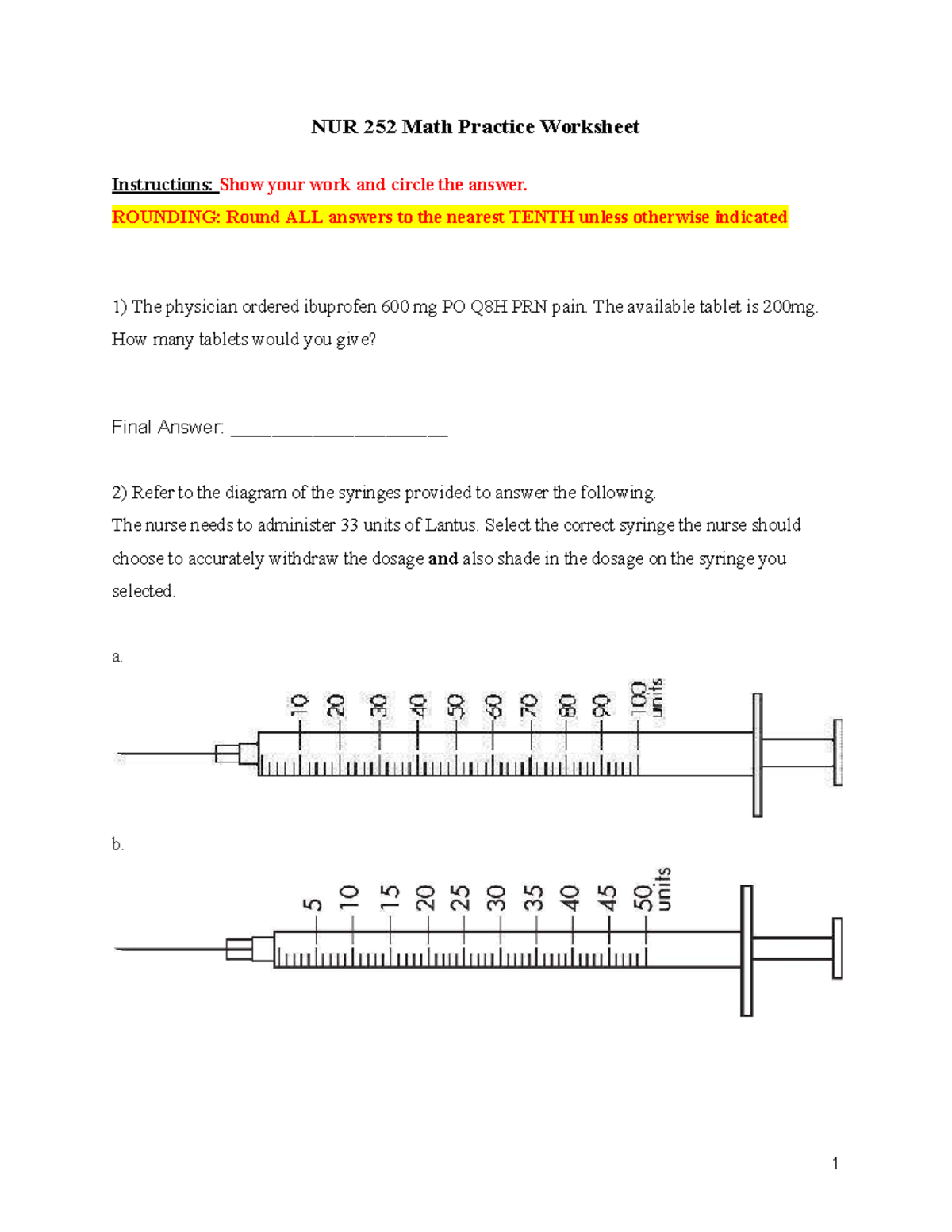 NUR 252 B2 Med Practicum Practice Sheet FA24: Math Problems - Studocu
