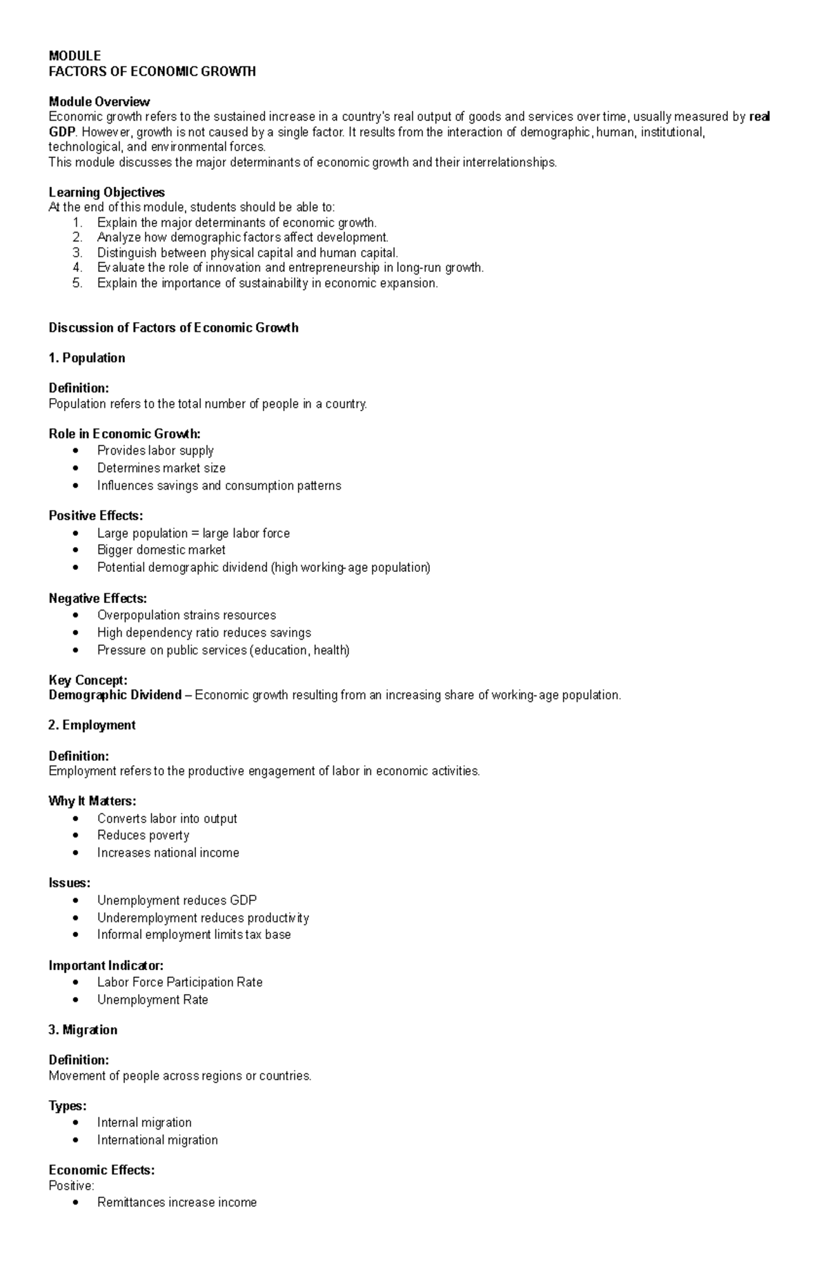 Factors of Economic Growth and Development: Module Overview - Studocu