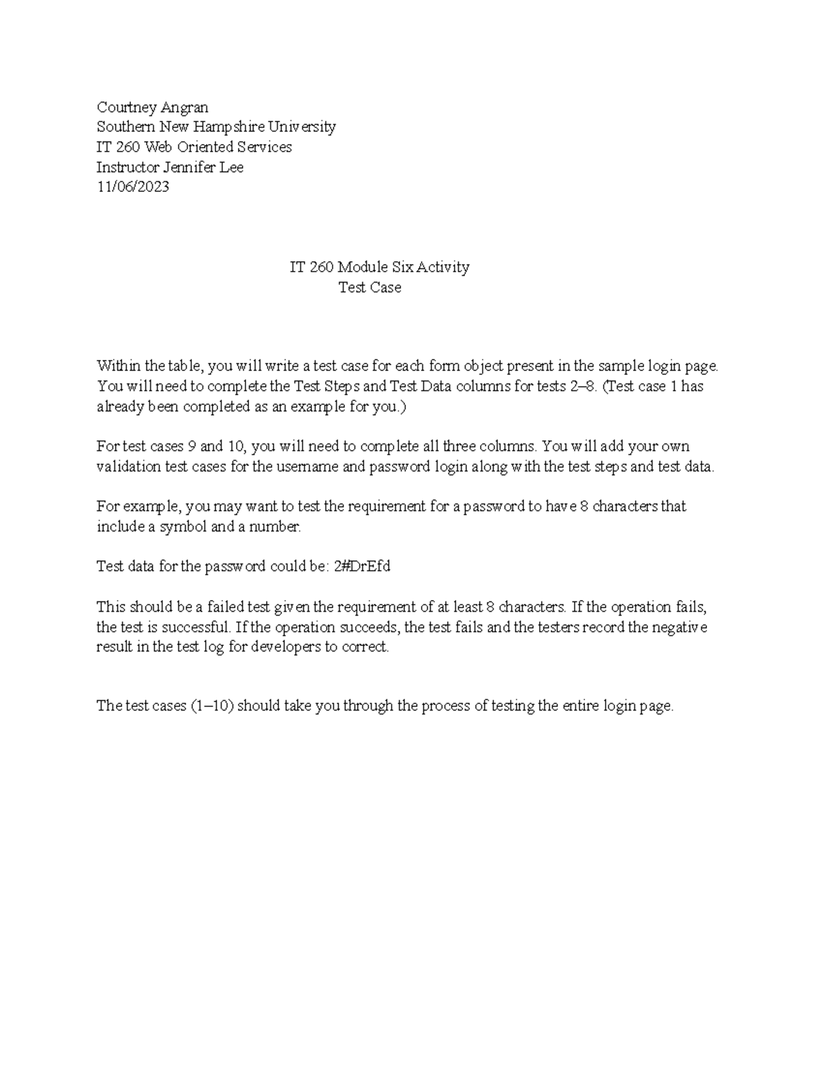 IT260 Module 6 Test Case Activity for Login Page Validation - Studocu