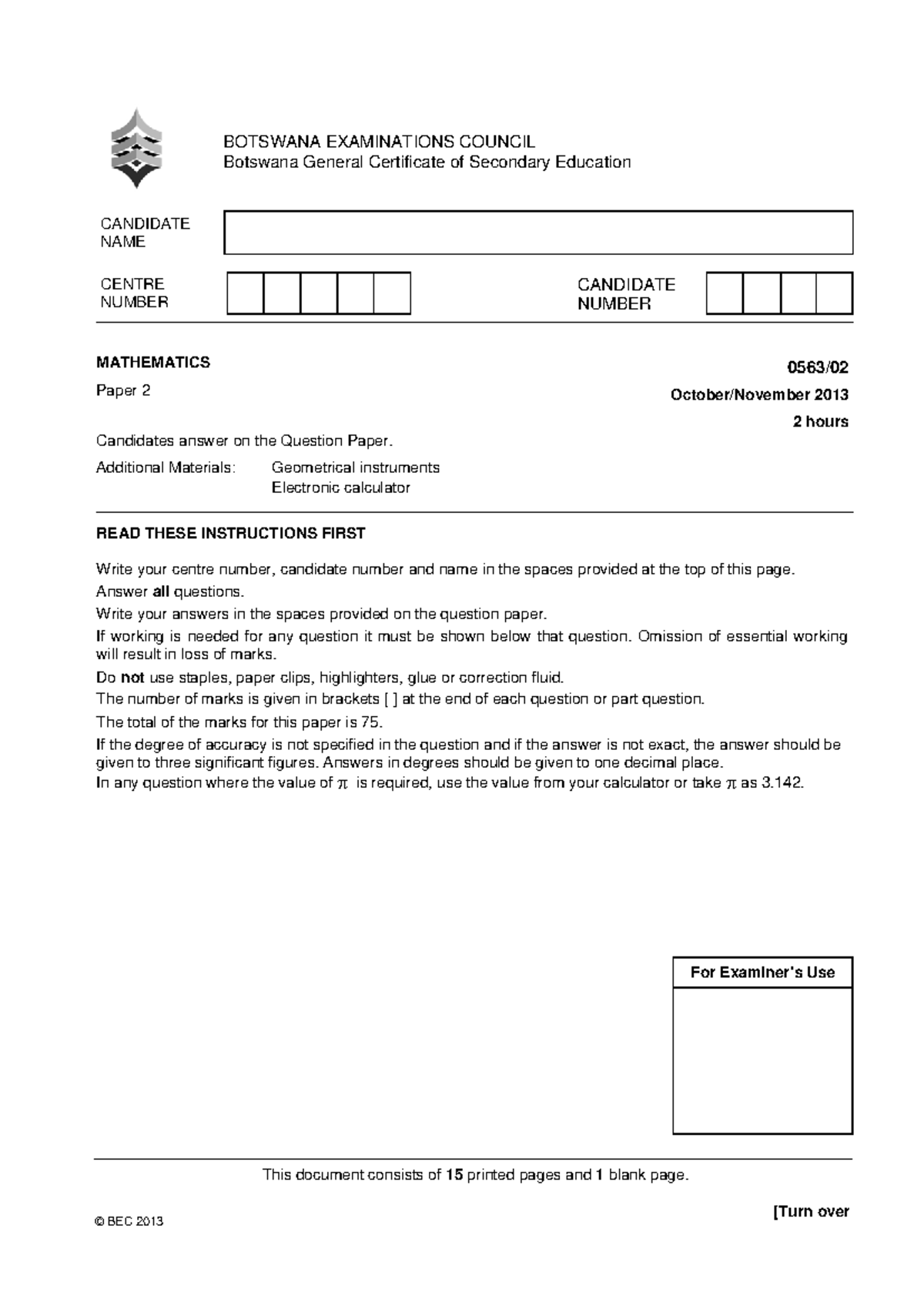Maths Paper 2 2013 - Practice Questions and Solutions - Studocu