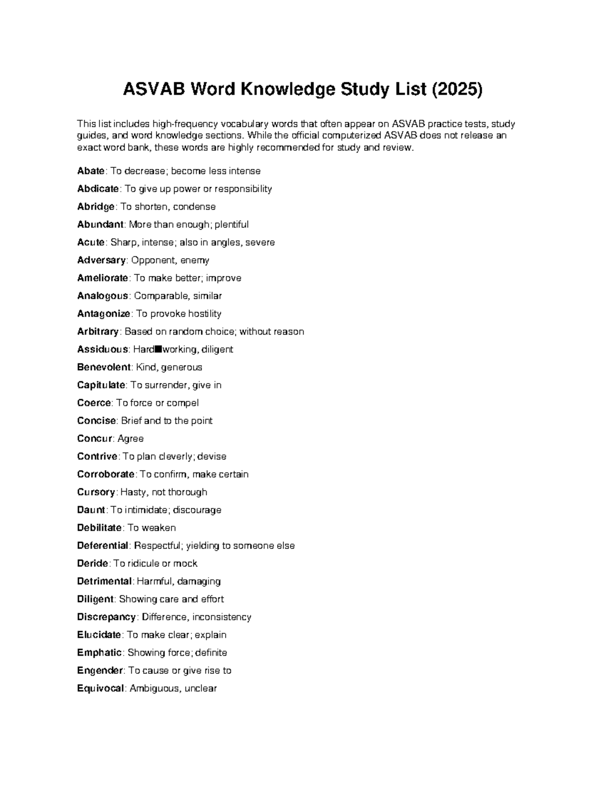 ASVAB Word Knowledge Vocabulary List for 2025 Exam - Studocu