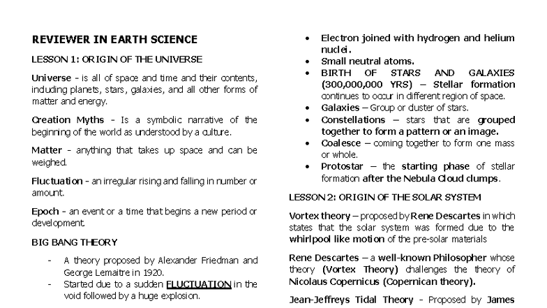 REVIEWER IN EARTH SCIENCE: ORIGIN OF THE UNIVERSE AND SOLAR SYSTEM ...