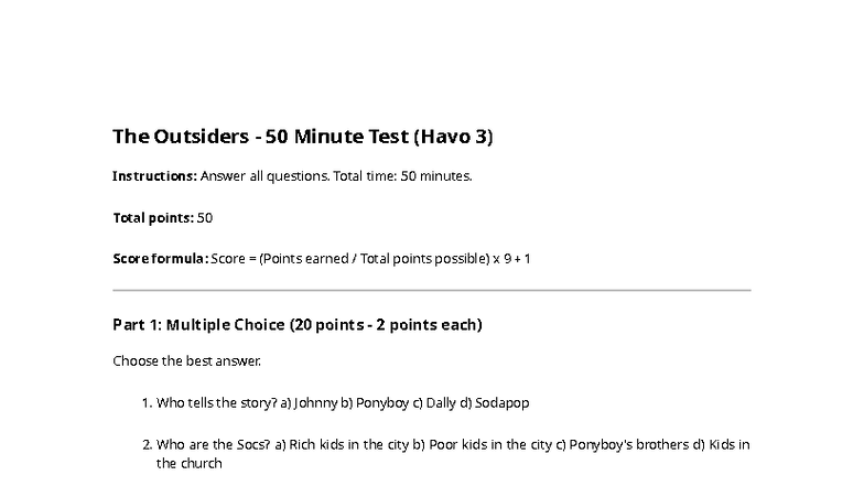 Outsiders 50-Minute Test (Havo 3) - Multiple Choice & Short Answer ...