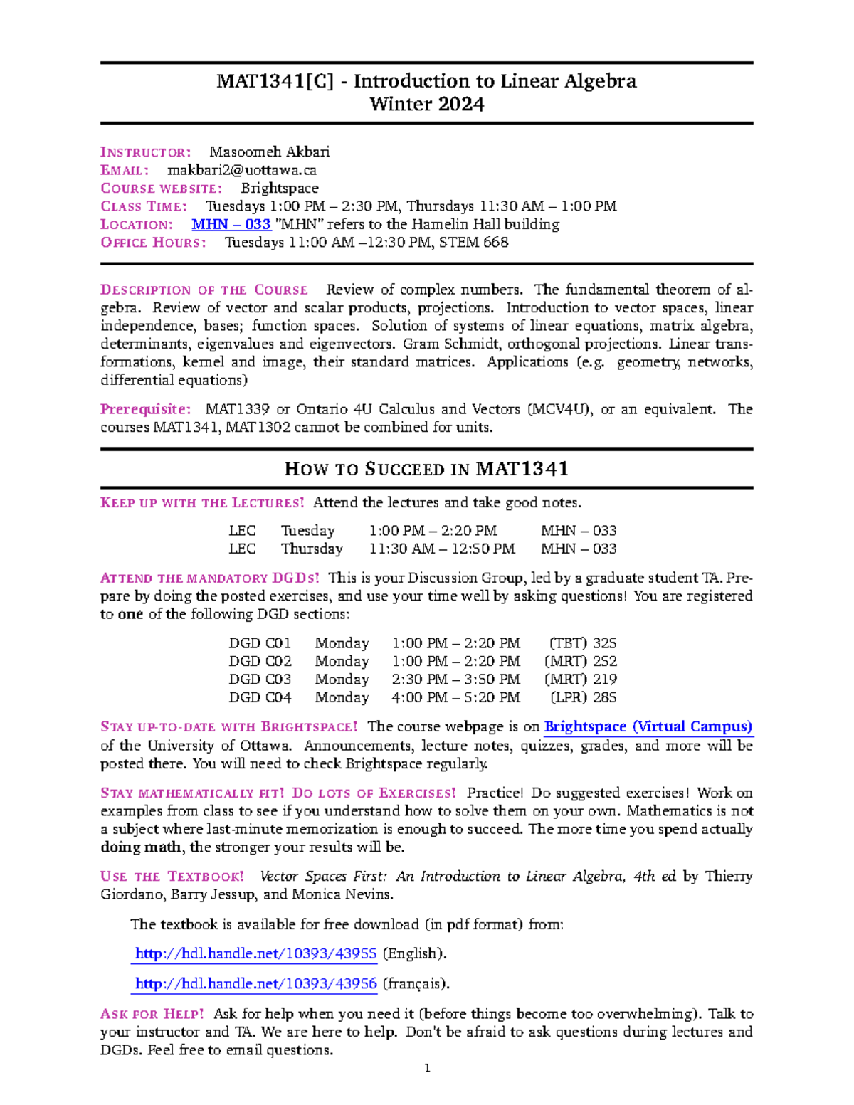 MAT 1341 Winter 2024 - Linear Algebra Course Syllabus and Schedule - Studocu