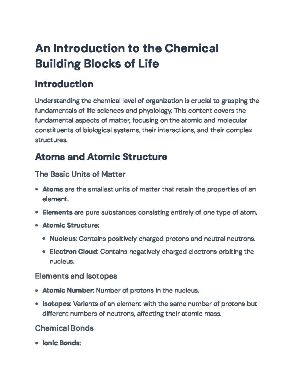 Chemical Foundations of Life: Atoms, Molecules, and Reactions in ...