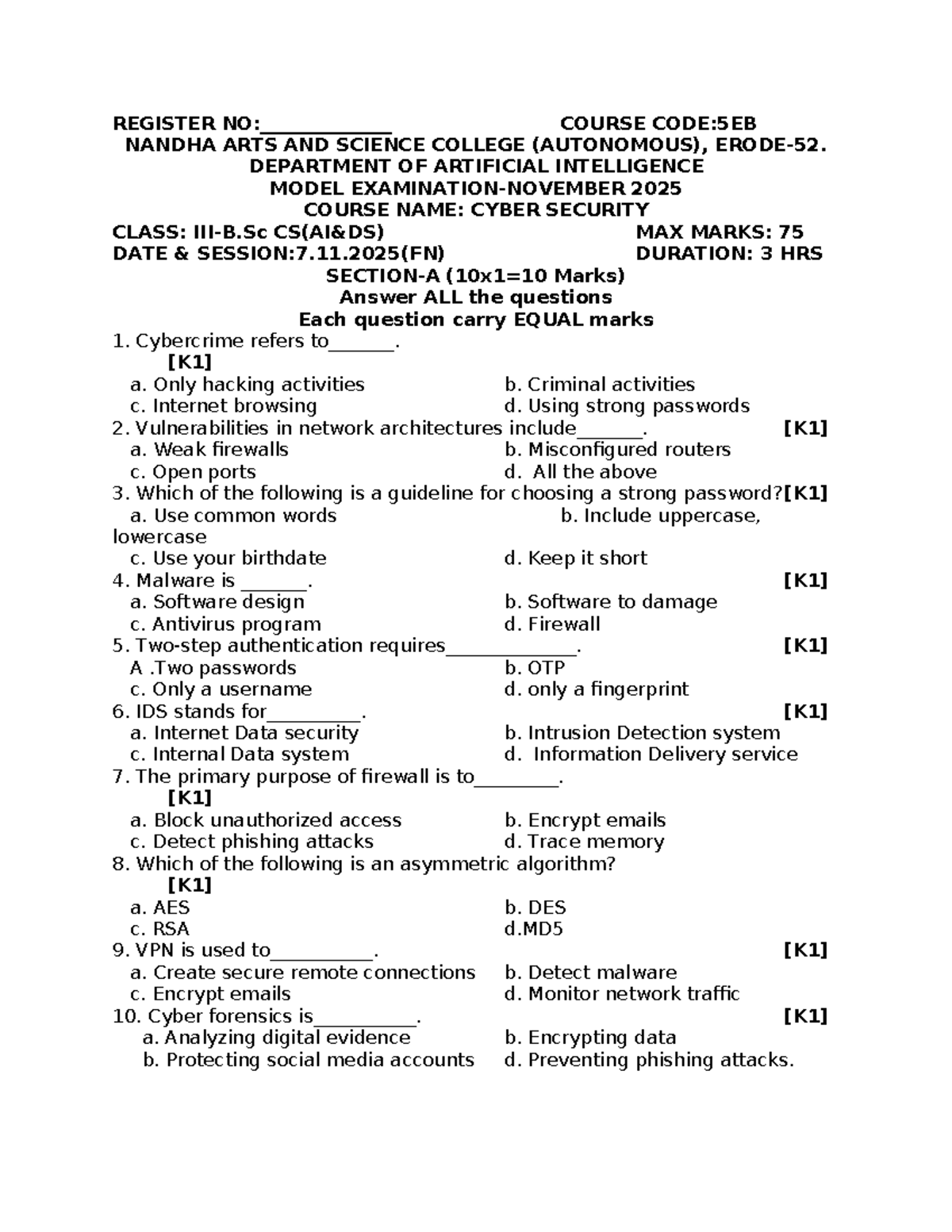 5EB - Cyber Security Final Exam Questions and Guidelines - Studocu